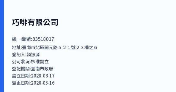 巧啡有限公司的照片-統編 83518017(臺南市) 公司登記資料與營業項目詳細圖表