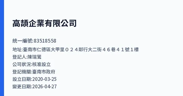 高頡企業有限公司的照片-統編 83518558(臺南市) 公司登記資料與營業項目詳細圖表
