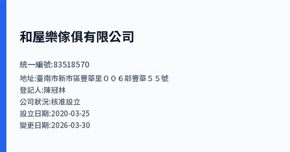 和屋樂傢俱有限公司的照片-統編 83518570(臺南市) 公司登記資料與營業項目詳細圖表