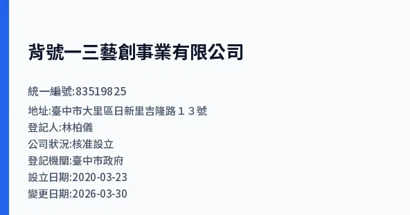 背號一三藝創事業有限公司的照片-統編 83519825(臺中市) 公司登記資料與營業項目詳細圖表