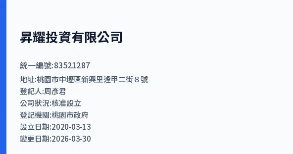 昇耀投資有限公司的照片-統編 83521287(桃園市) 公司登記資料與營業項目詳細圖表