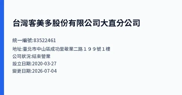 台灣客美多股份有限公司大直分公司的照片-統編 83522461(臺北市) 公司登記資料與營業項目詳細圖表