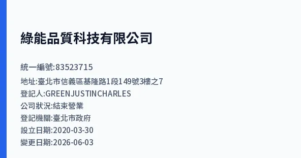 綠能品質科技有限公司的照片-統編 83523715(臺北市) 公司登記資料與營業項目詳細圖表