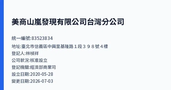 美商山嵐發現有限公司台灣分公司的照片-統編 83523834(臺北市) 公司登記資料與營業項目詳細圖表