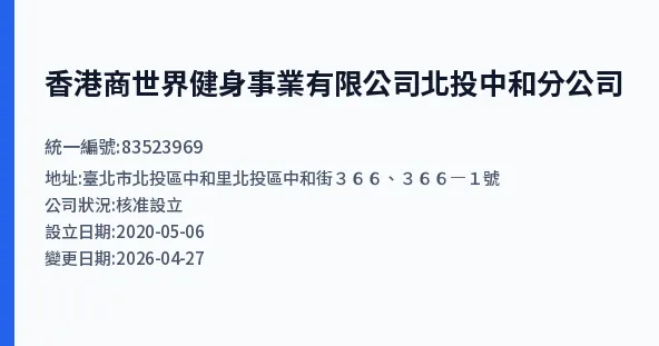 香港商世界健身事業有限公司北投中和分公司的照片-統編 83523969(臺北市) 公司登記資料與營業項目詳細圖表