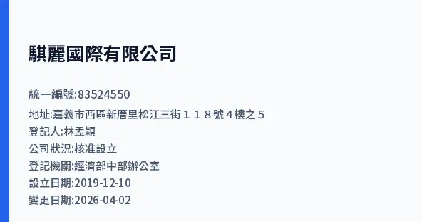 騏麗國際有限公司的照片-統編 83524550(嘉義市) 公司登記資料與營業項目詳細圖表