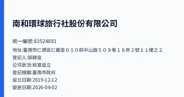 南和環球旅行社股份有限公司的照片-統編 83524881(臺南市) 公司登記資料與營業項目詳細圖表