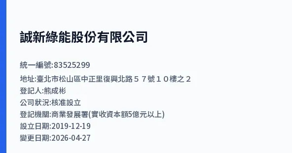 誠新綠能股份有限公司的照片-統編 83525299(臺北市) 公司登記資料與營業項目詳細圖表