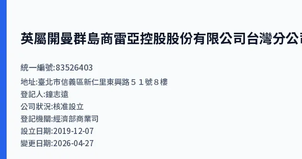 英屬開曼群島商雷亞控股股份有限公司台灣分公司的照片-統編 83526403(臺北市) 公司登記資料與營業項目詳細圖表