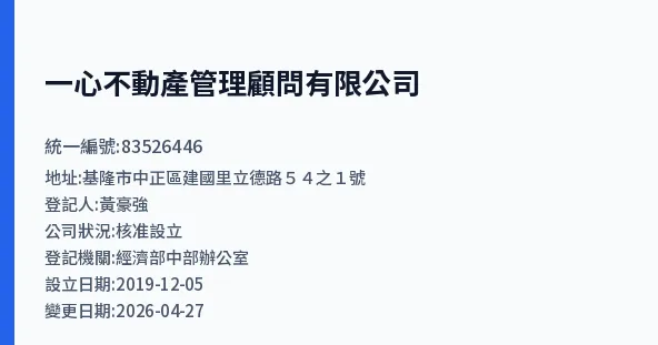 一心不動產管理顧問有限公司的照片-統編 83526446(基隆市) 公司登記資料與營業項目詳細圖表