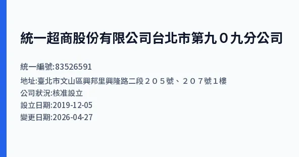 統一超商股份有限公司台北市第九0九分公司的照片-統編 83526591(臺北市) 公司登記資料與營業項目詳細圖表