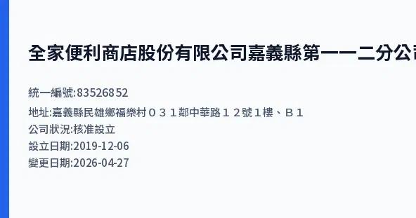 全家便利商店股份有限公司嘉義縣第一一二分公司的照片-統編 83526852(嘉義縣) 公司登記資料與營業項目詳細圖表