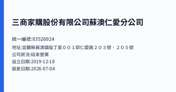 三商家購股份有限公司蘇澳仁愛分公司的照片-統編 83526924(宜蘭縣) 公司登記資料與營業項目詳細圖表