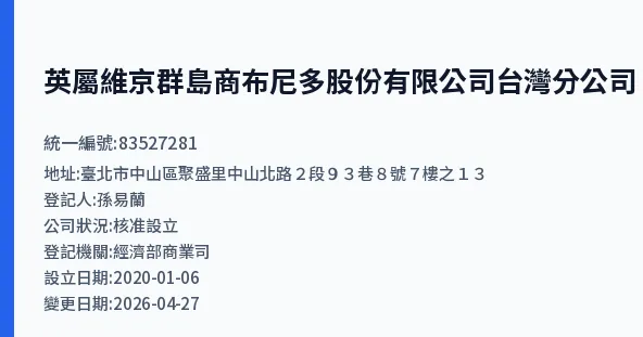 英屬維京群島商布尼多股份有限公司台灣分公司的照片-統編 83527281(臺北市) 公司登記資料與營業項目詳細圖表