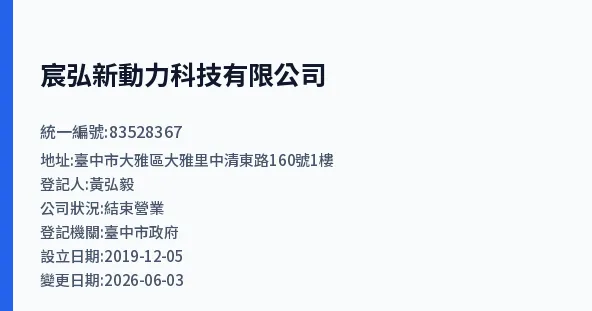 宸弘新動力科技有限公司的照片-統編 83528367(臺中市) 公司登記資料與營業項目詳細圖表