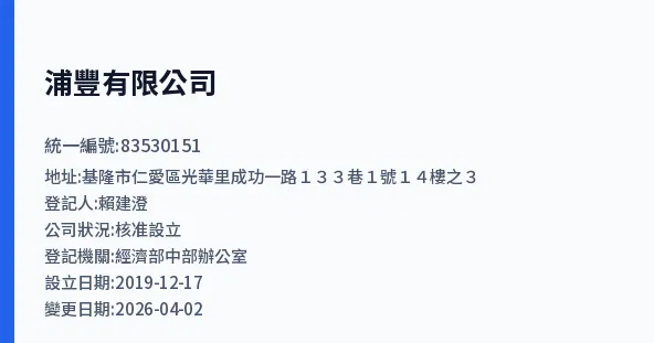 浦豐有限公司的照片-統編 83530151(基隆市) 公司登記資料與營業項目詳細圖表