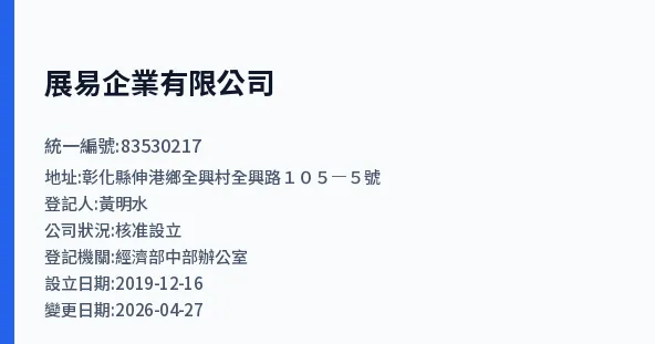 展易企業有限公司的照片-統編 83530217(彰化縣) 公司登記資料與營業項目詳細圖表