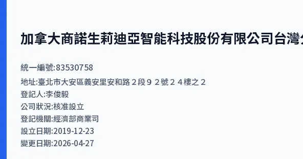 加拿大商諾生莉迪亞智能科技股份有限公司台灣分公司的照片-統編 83530758(臺北市) 公司登記資料與營業項目詳細圖表