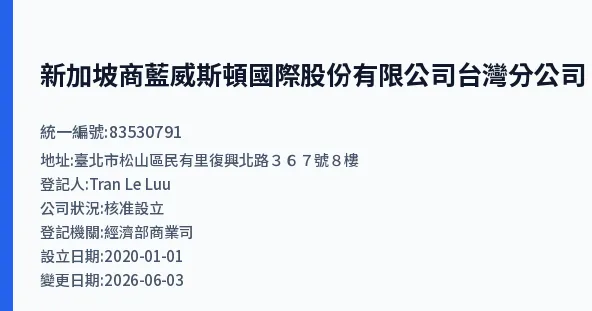 新加坡商藍威斯頓國際股份有限公司台灣分公司的照片-統編 83530791(臺北市) 公司登記資料與營業項目詳細圖表