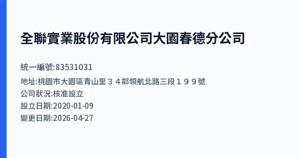 全聯實業股份有限公司大園春德分公司的照片-統編 83531031(桃園市) 公司登記資料與營業項目詳細圖表