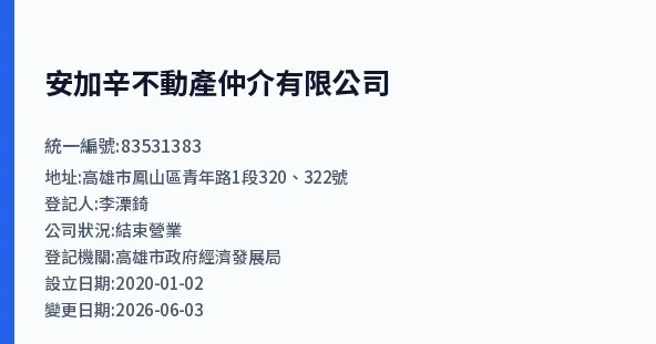 安加辛不動產仲介有限公司的照片-統編 83531383(高雄市) 公司登記資料與營業項目詳細圖表