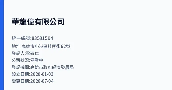 華龍偉有限公司的照片-統編 83531594(高雄市) 公司登記資料與營業項目詳細圖表