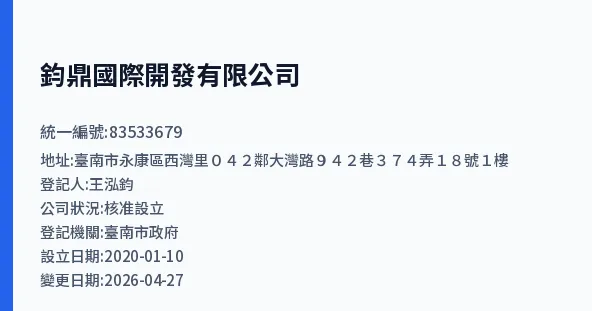 鈞鼎國際開發有限公司的照片-統編 83533679(臺南市) 公司登記資料與營業項目詳細圖表