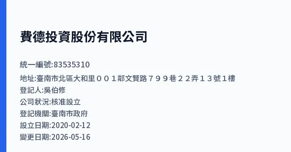 費德投資股份有限公司的照片-統編 83535310(臺南市) 公司登記資料與營業項目詳細圖表