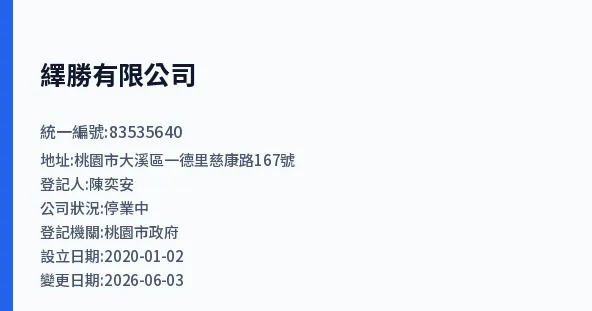 繹勝有限公司的照片-統編 83535640(桃園市) 公司登記資料與營業項目詳細圖表