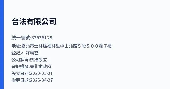 台法有限公司的照片-統編 83536129(臺北市) 公司登記資料與營業項目詳細圖表