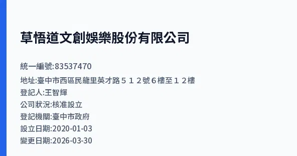 草悟道文創娛樂股份有限公司的照片-統編 83537470(臺中市) 公司登記資料與營業項目詳細圖表