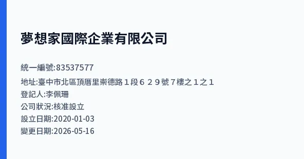 夢想家國際企業有限公司的照片-統編 83537577(臺中市) 公司登記資料與營業項目詳細圖表