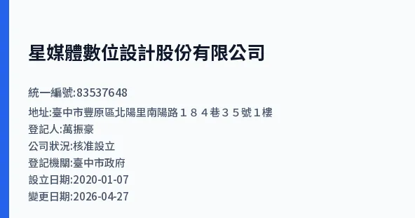 星媒體數位設計股份有限公司的照片-統編 83537648(臺中市) 公司登記資料與營業項目詳細圖表