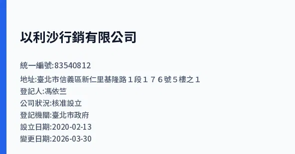 以利沙行銷有限公司的照片-統編 83540812(臺北市) 公司登記資料與營業項目詳細圖表