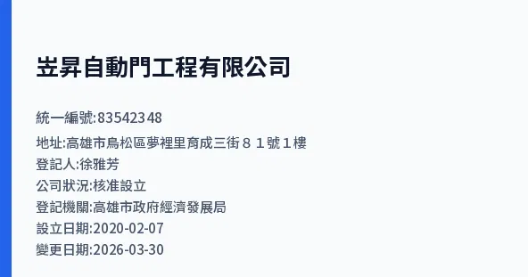 岦昇自動門工程有限公司的照片-統編 83542348(高雄市) 公司登記資料與營業項目詳細圖表