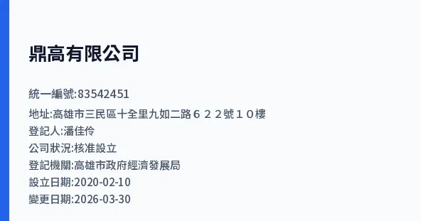 鼎高有限公司的照片-統編 83542451(高雄市) 公司登記資料與營業項目詳細圖表