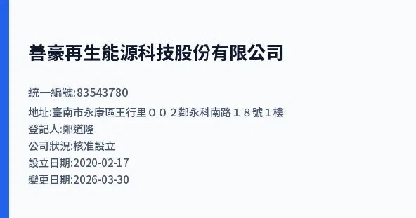 善豪再生能源科技股份有限公司的照片-統編 83543780(臺南市) 公司登記資料與營業項目詳細圖表