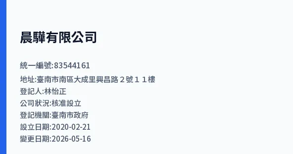 晨驊有限公司的照片-統編 83544161(臺南市) 公司登記資料與營業項目詳細圖表
