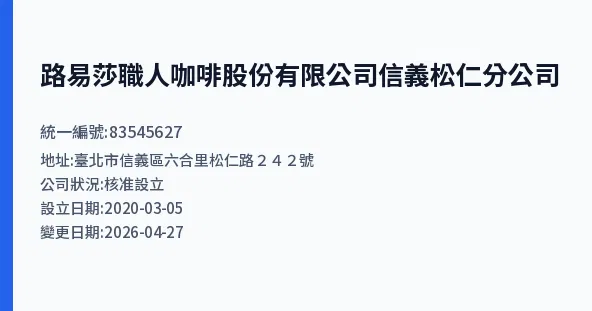 路易莎職人咖啡股份有限公司信義松仁分公司的照片-統編 83545627(臺北市) 公司登記資料與營業項目詳細圖表