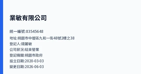 業敏有限公司的照片-統編 83545648(桃園市) 公司登記資料與營業項目詳細圖表