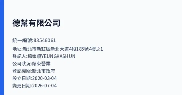 德幫有限公司的照片-統編 83546061(新北市) 公司登記資料與營業項目詳細圖表