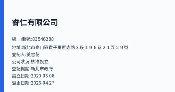 睿仁有限公司的照片-統編 83546288(新北市) 公司登記資料與營業項目詳細圖表