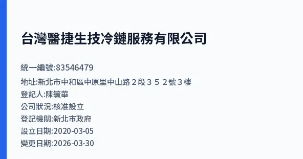 台灣醫捷生技冷鏈服務有限公司的照片-統編 83546479(新北市) 公司登記資料與營業項目詳細圖表