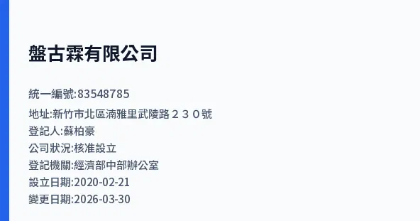 盤古霖有限公司的照片-統編 83548785(新竹市) 公司登記資料與營業項目詳細圖表
