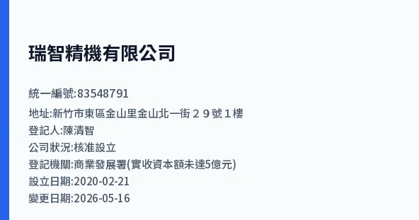 瑞智精機有限公司的照片-統編 83548791(新竹市) 公司登記資料與營業項目詳細圖表