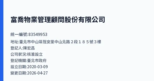 富喬物業管理顧問股份有限公司的照片-統編 83549953(臺北市) 公司登記資料與營業項目詳細圖表