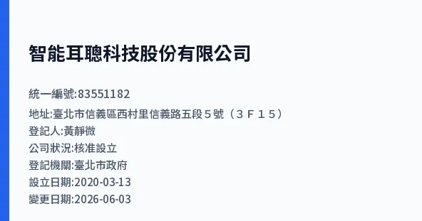 智能耳聰科技股份有限公司的照片-統編 83551182(臺北市) 公司登記資料與營業項目詳細圖表