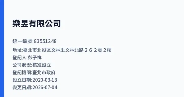 樂昱有限公司的照片-統編 83551248(臺北市) 公司登記資料與營業項目詳細圖表