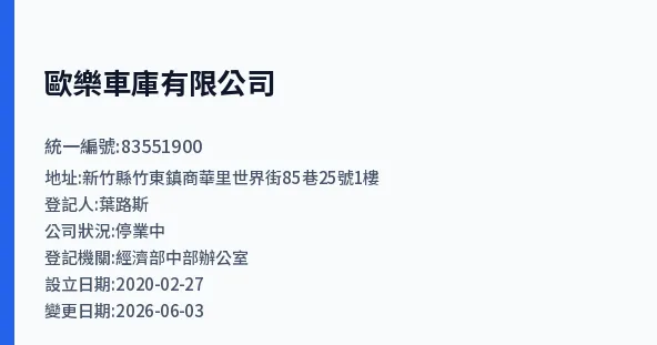 歐樂車庫有限公司的照片-統編 83551900(新竹縣) 公司登記資料與營業項目詳細圖表