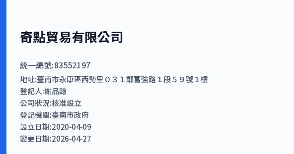 奇點貿易有限公司的照片-統編 83552197(臺南市) 公司登記資料與營業項目詳細圖表